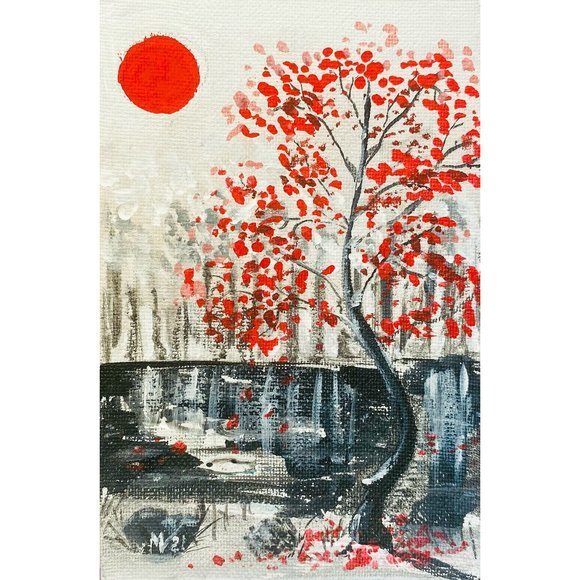 Handmade | Art | 1x14 Red Moon Painting Tree Original Art Monochrom ...